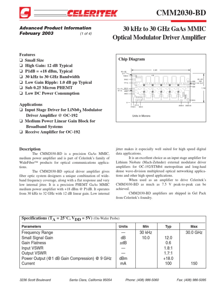 Cmm2030-Bd: 30 KHZ To 30 GHZ Gaas Mmic Optical Modulator Driver ...