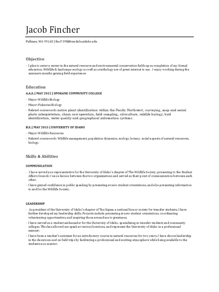 Jacob Fincher Resume May 2014 | PDF | Organisms | Nature