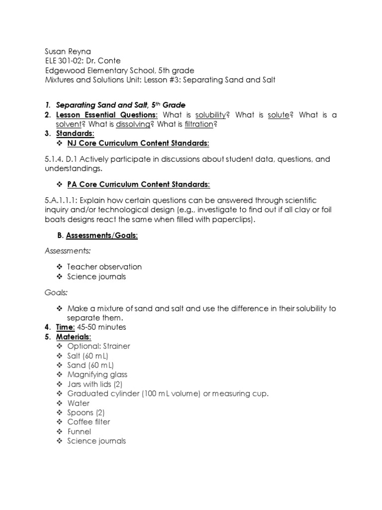 Separating Salt and Sand - Lesson Plan | PDF | Filtration | Solubility