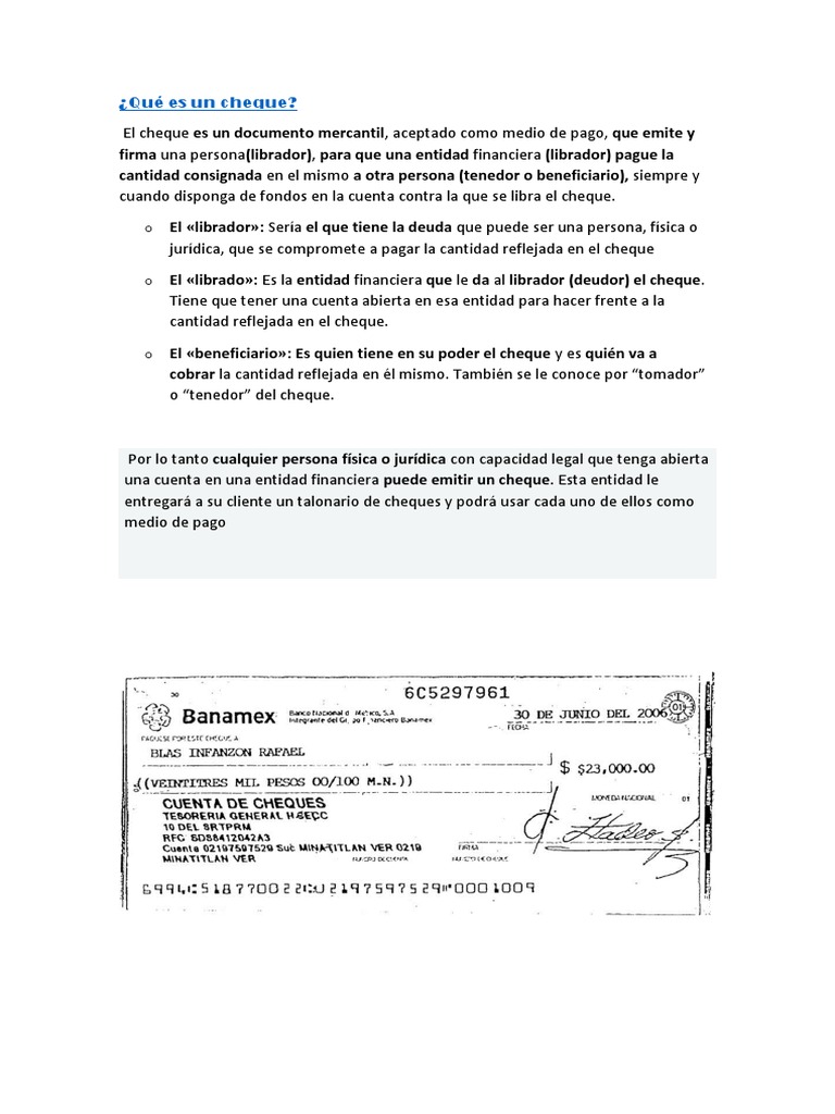 Definición y uso del cheque | PDF | Cheque | Bancos