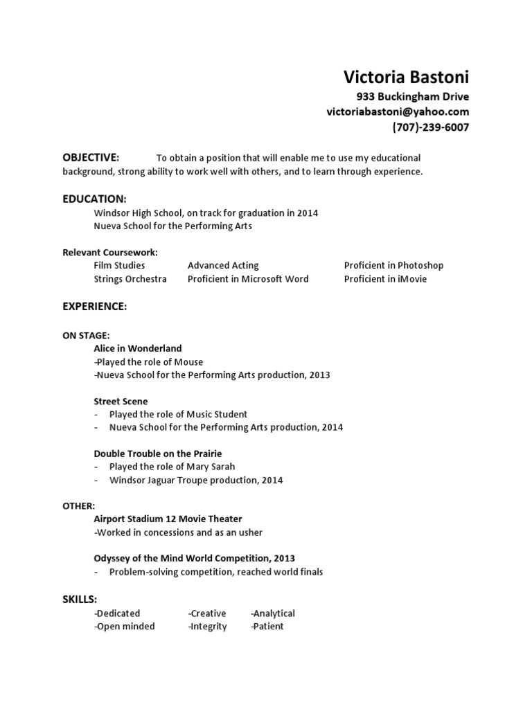 Victoria Bastoni's Acting Resume | PDF | Art