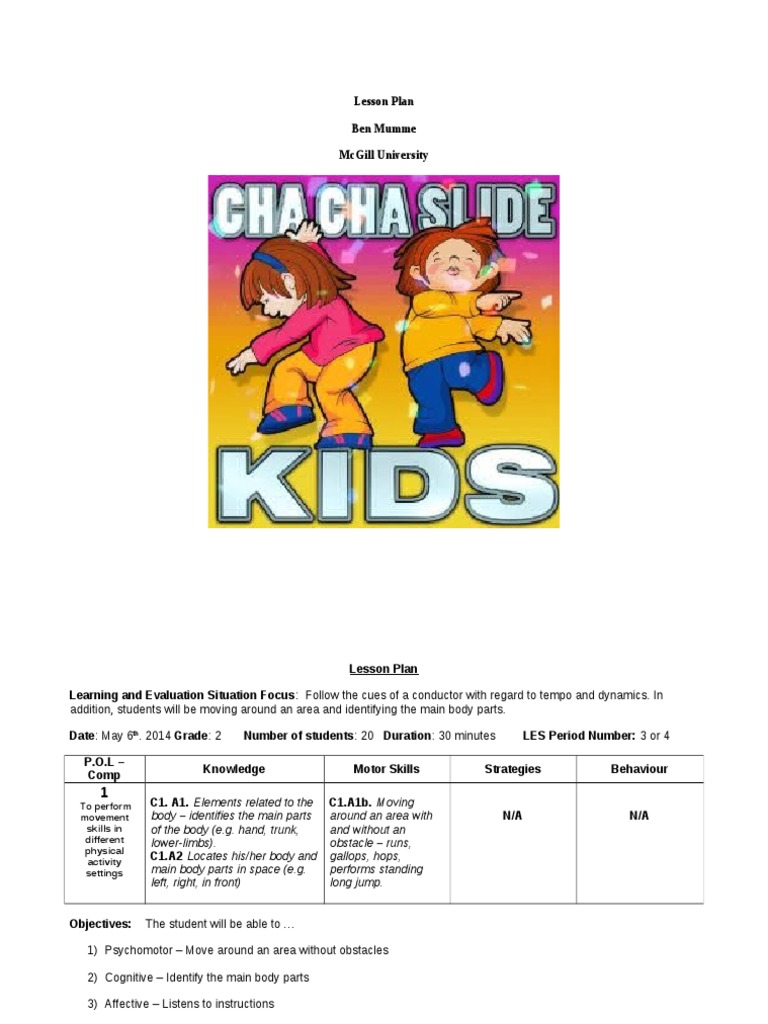 Cha Cha Slide Dance Lesson Plan | PDF | Affect (Psychology) | Lesson Plan
