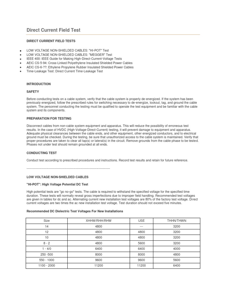 Direct Current Field Test1 | PDF | Insulator (Electricity) | Cable
