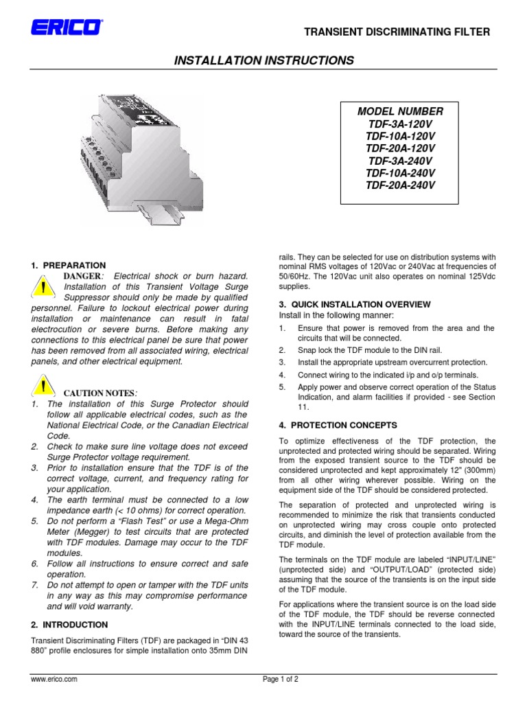 Installation Instructions: Model Number TDF-3A-120V TDF-10A-120V TDF ...