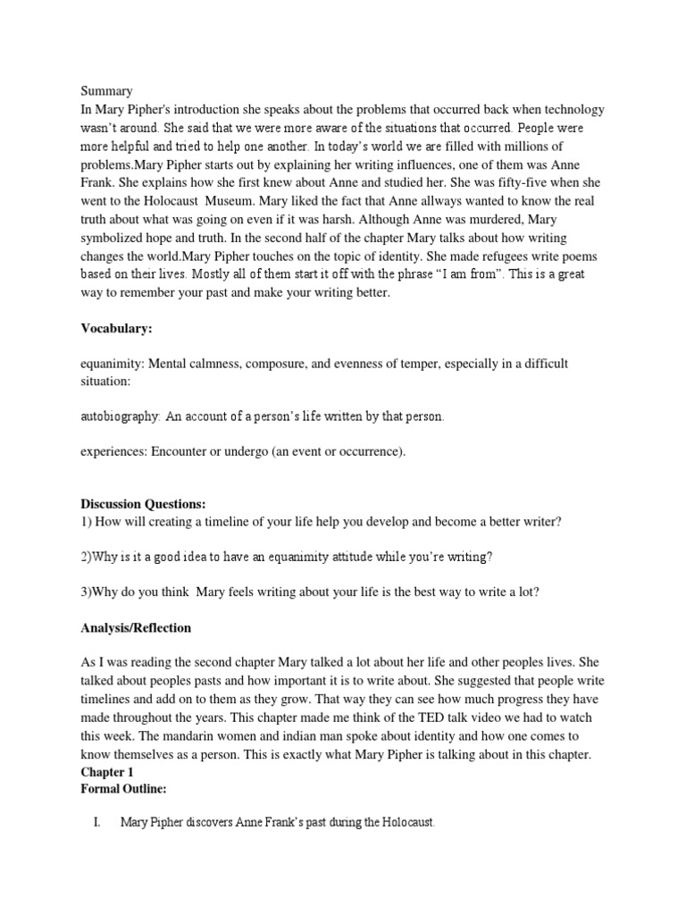 Study Guide For Pipher Intro Chapter 1 Chapter 2 | PDF | Anne Frank | Truth