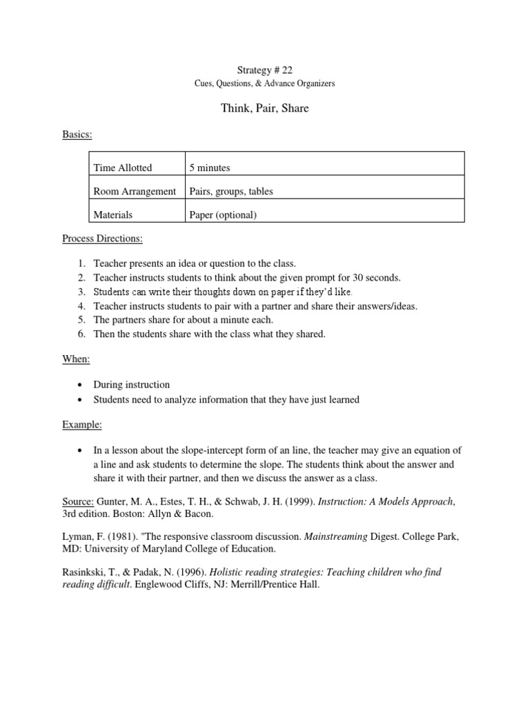 Think-Pair-Share Teaching Strategy | PDF