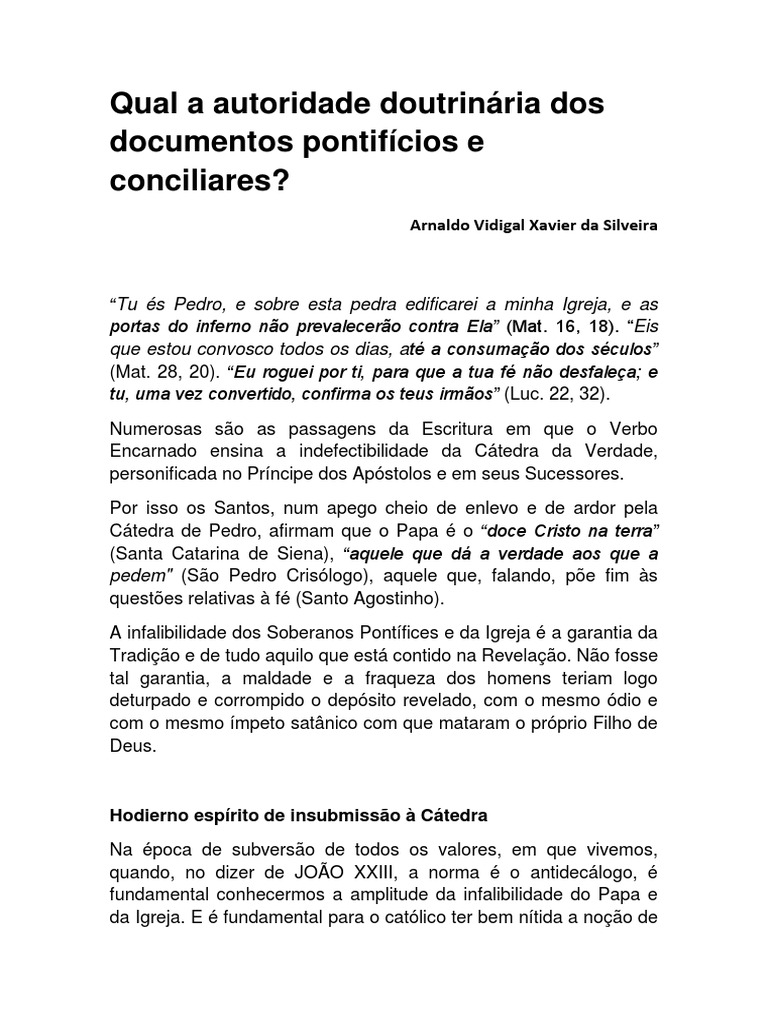 Qual A Autoridade Doutrinária Dos Documentos Pontifícios e Conciliares | PDF | Papa | Concílio ...