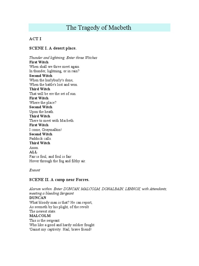 The Tragedy of Macbeth: Act I SCENE I. A Desert Place | PDF | Macbeth ...