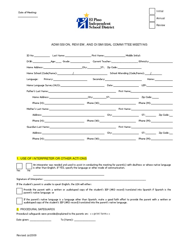 ARD Form EPISD 2009 Revised Version 4 | Individualized Education ...