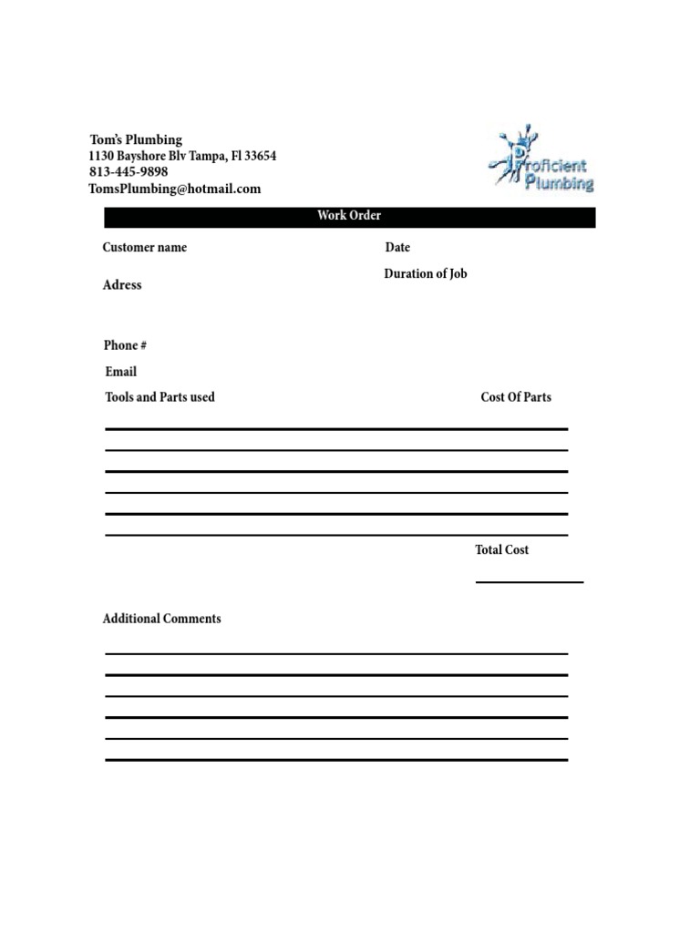 Tom's Plumbing Work Order Template | PDF