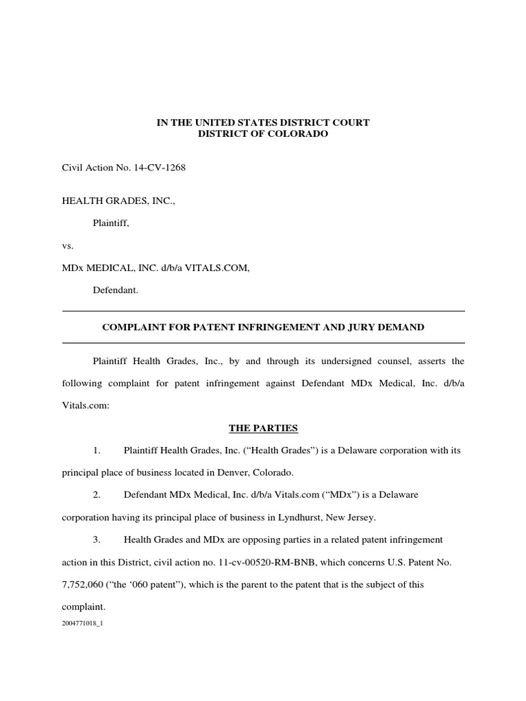 Health Grades v. MDX Medical | PDF | Lawsuit | Complaint