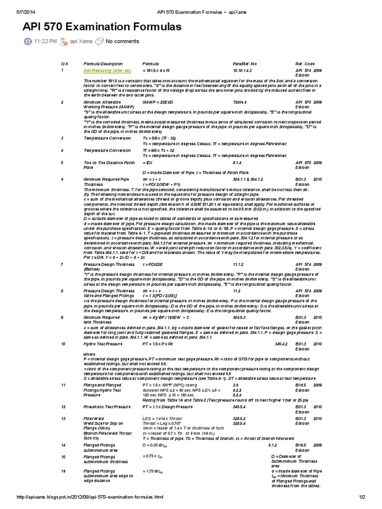 API 570 Examination Formulas Apixams | PDF | Pipe (Fluid Conveyance ...