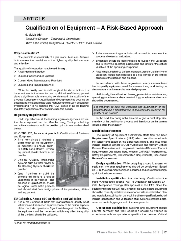Qualification of Equipment - A Risk-Based Approach | PDF | Verification ...