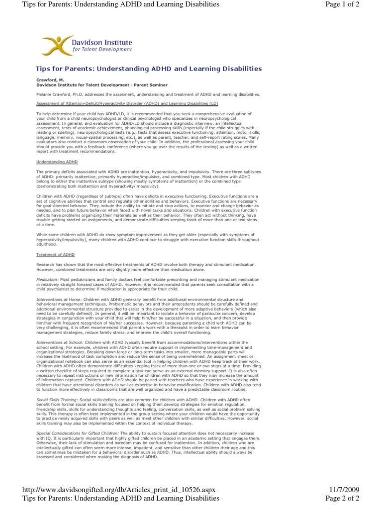 Tips For Parents Understanding Adhd and Learning Disabilities | PDF ...