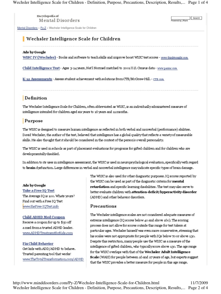 Wechsler Intelligence Scale For Children | PDF | Wechsler Adult ...