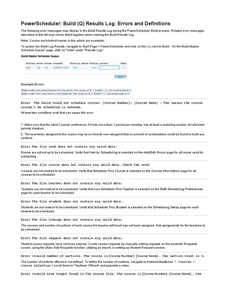 PowerScheduler - Build (Q) Results Log - Errors and Definitions | PDF ...