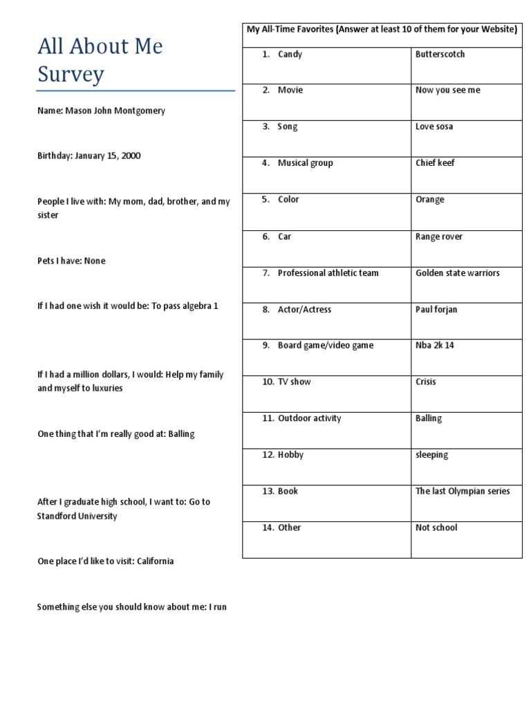 Teen's Personal Profile | PDF | Games & Activities | Art