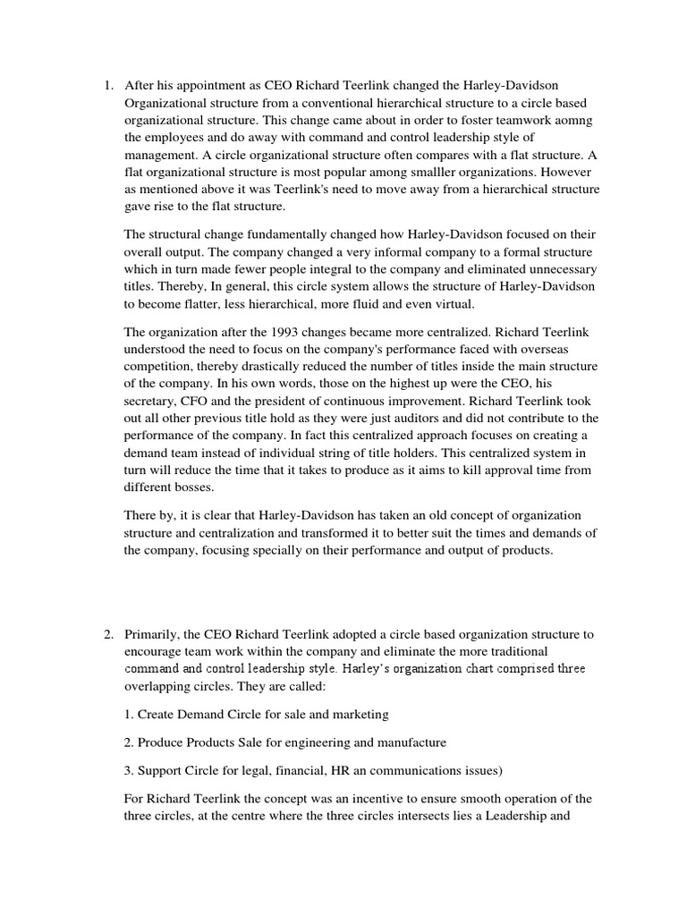 Harley Davidson Case Study | PDF | Organizational Structure | Harley ...