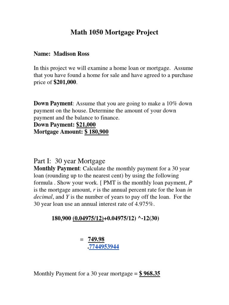 Math 1050 Mortgage Project | PDF | Mortgage Loan | Interest