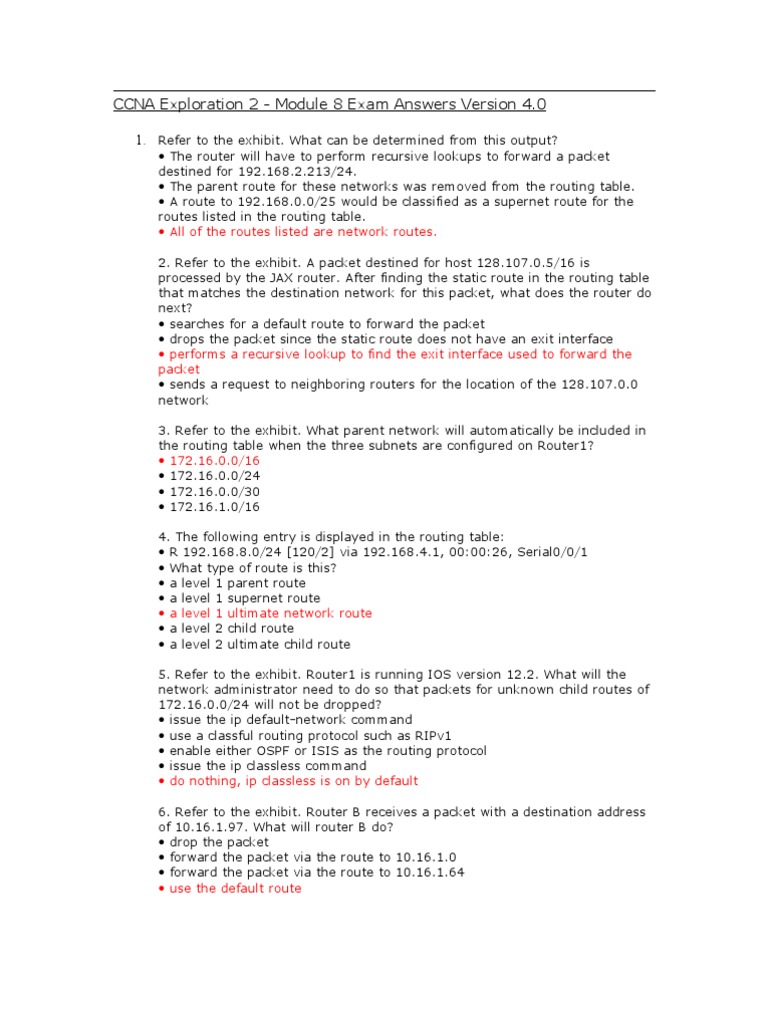CCNA Exploration 2 Module 8 Exam Answers | PDF | Router (Computing) | Routing