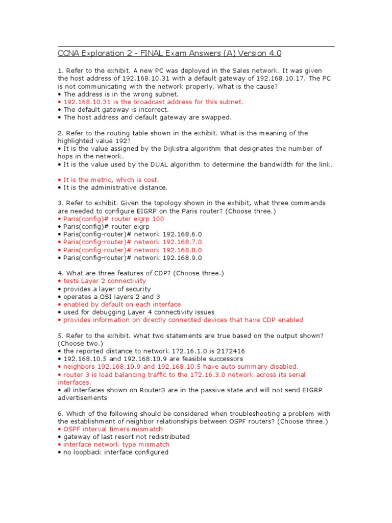 Ccna Exploration 2 Final Exam Answers A Version 40 Pdf Routing Router Computing 