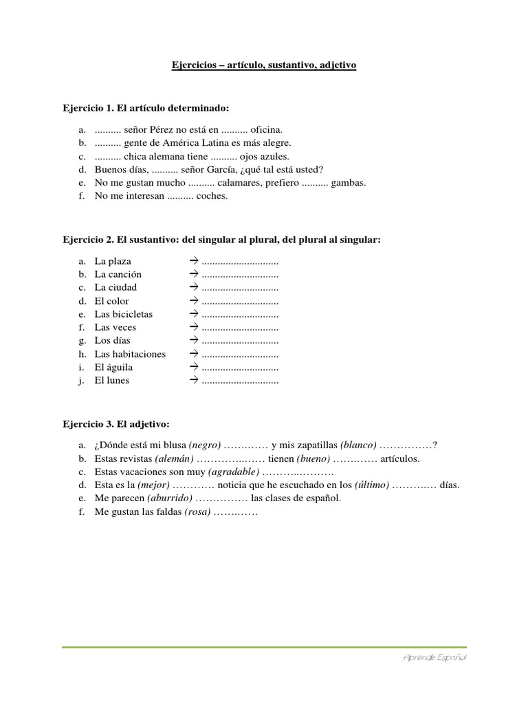 Ejercicios - Artículo, Sustantivo, Adjetivo | PDF | Adjetivo ...