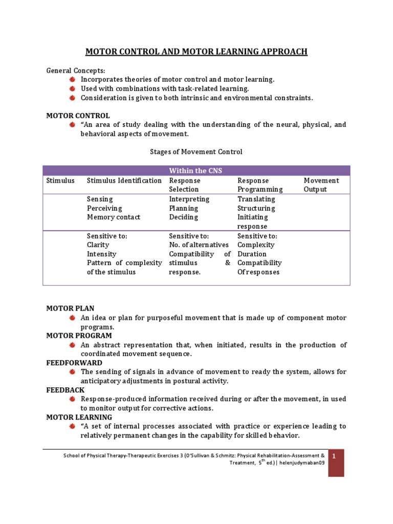 Motor Control and Motor Learning | PDF | Motor Control | Clinical ...