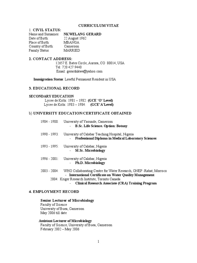 Curriculum Vitae of Nkwelang Gerard | PDF | Bacteria | Microbiology