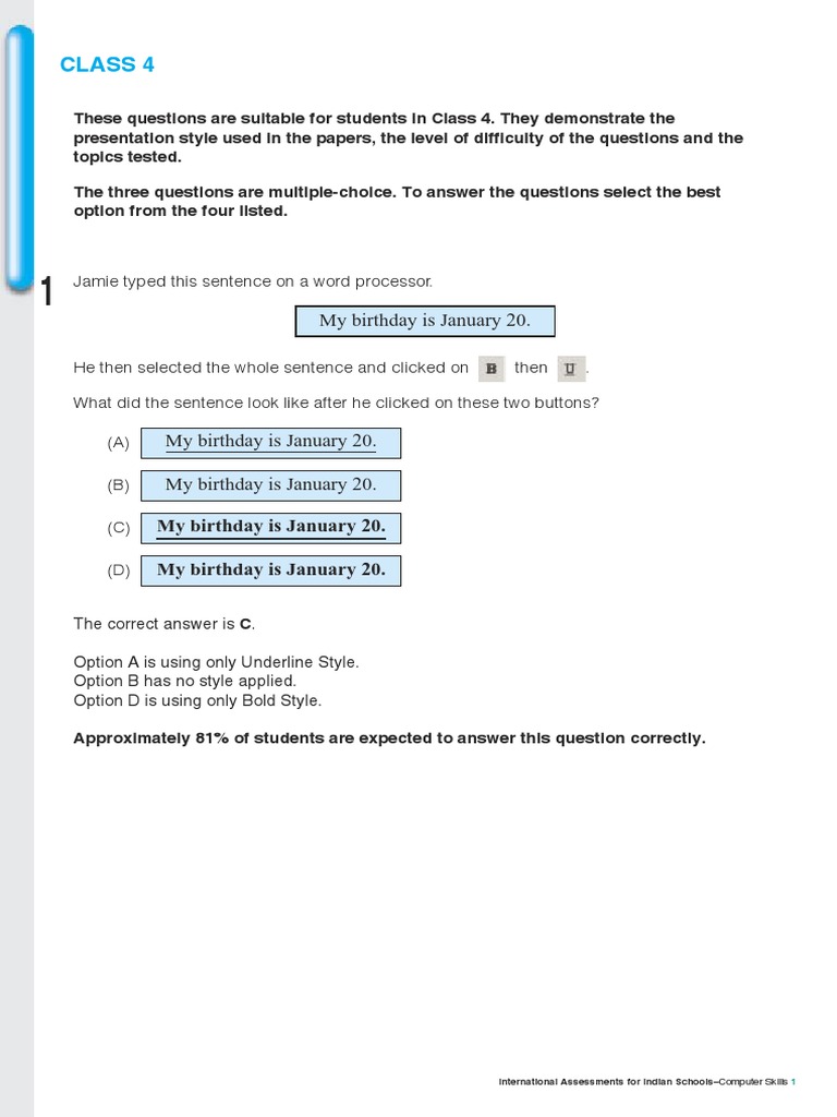 Class 4 Computer Skills Assessment Questions | PDF