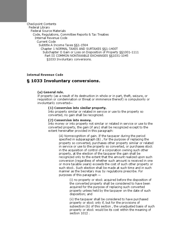 1033 Involuntary Conversion | PDF | Internal Revenue Code | Internal ...