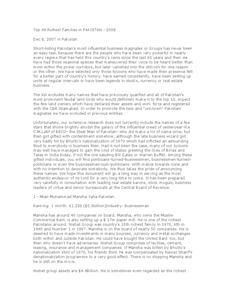 Top 44 Richest Families in PAKISTAN | PDF | Nature | Business