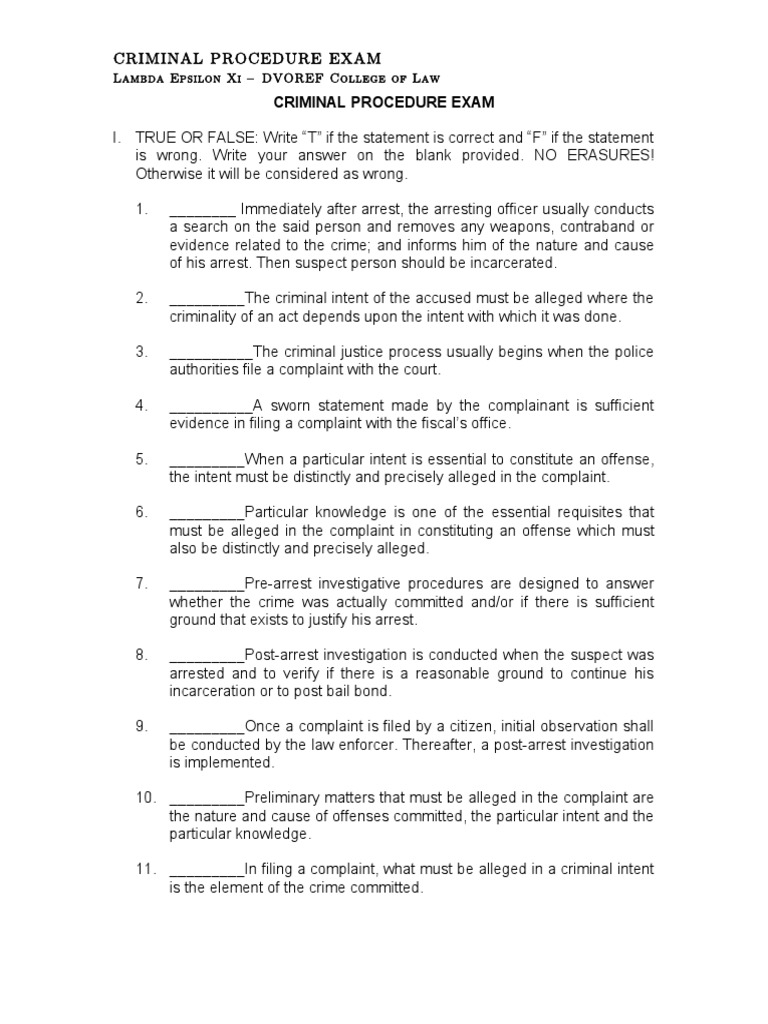 Criminal Procedure Exam | Crimes | Crime & Justice