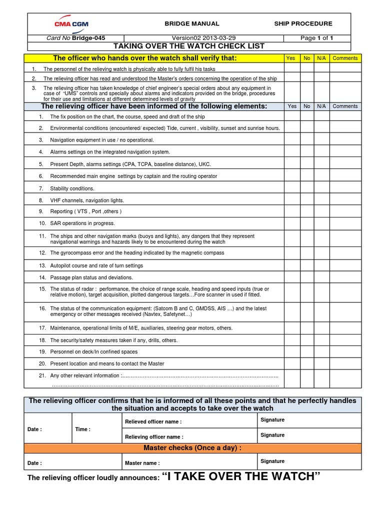 Bridge Watch Takeover Checklist | PDF | Navigation | Ships