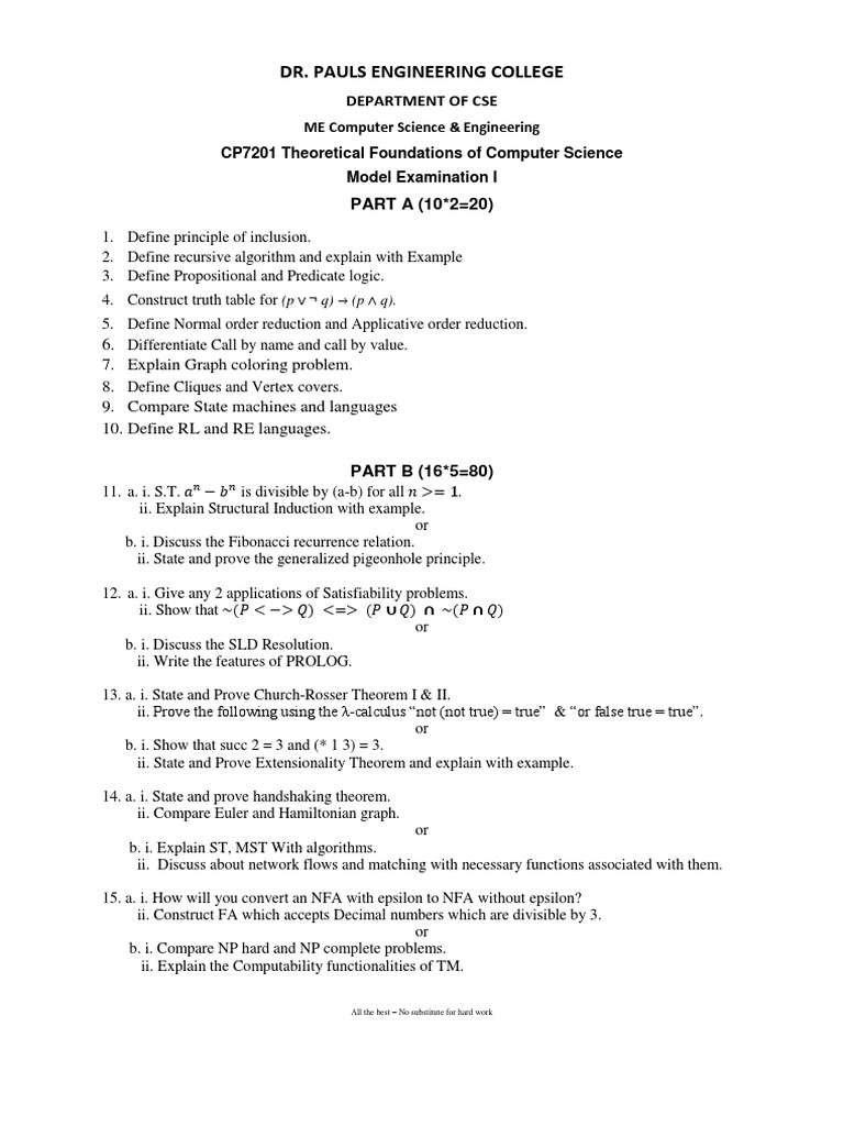 Cp7201 Tfoc Model QP 1 Theoretical Foundations of Computer Science | PDF | Graph Theory | Theorem