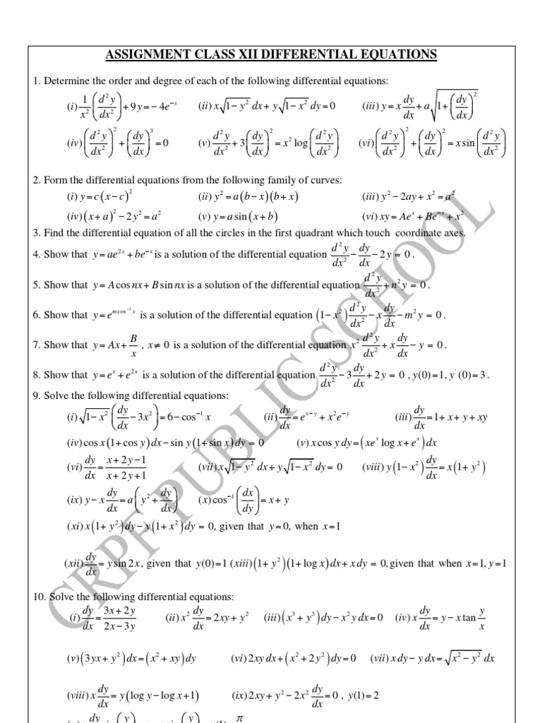 XII Differential Equations Assignment | PDF