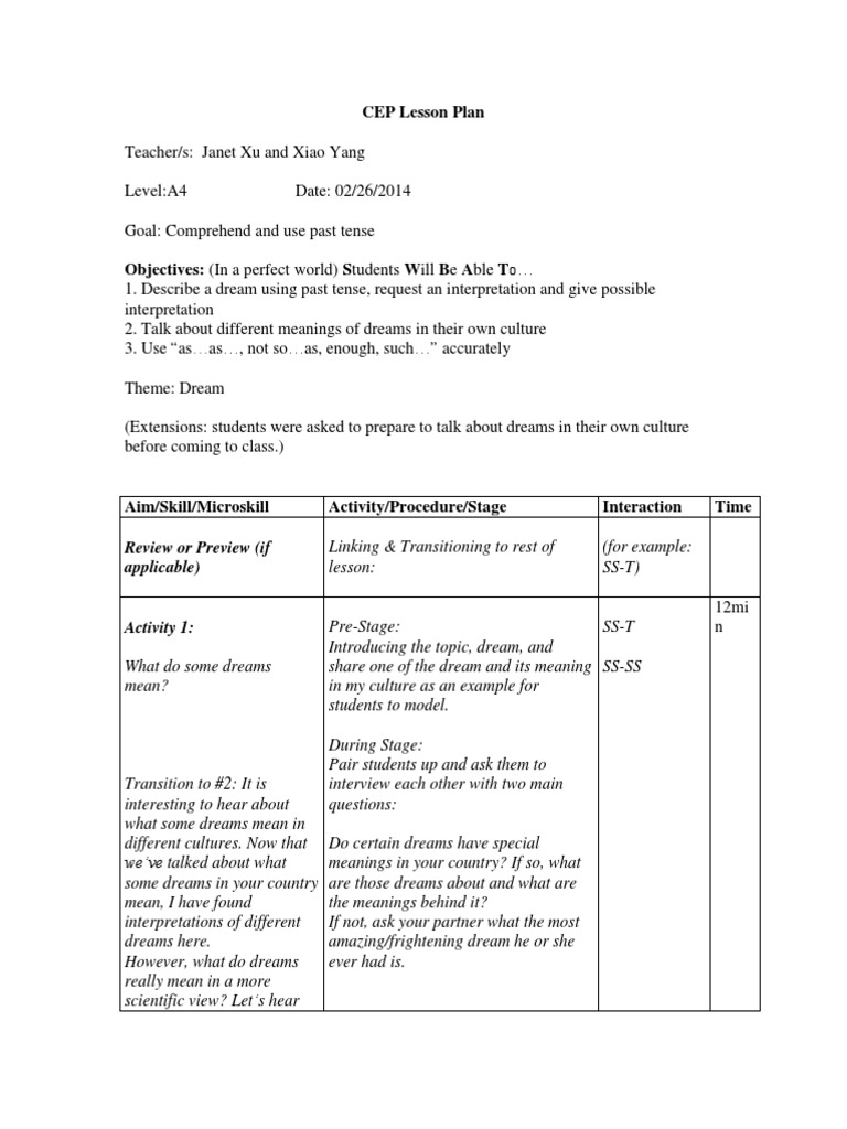 Lesson Plan 2 1 | PDF | Dream | Reading Comprehension