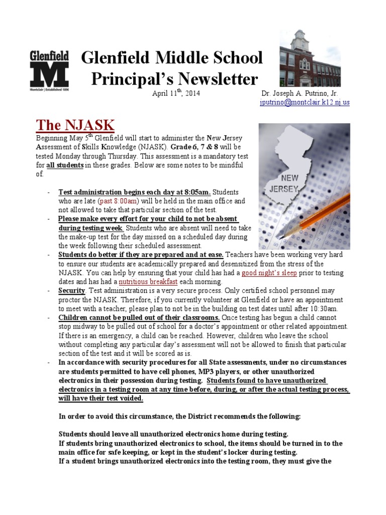 Preparing for the Upcoming NJASK Standardized Tests: Principal Provides ...
