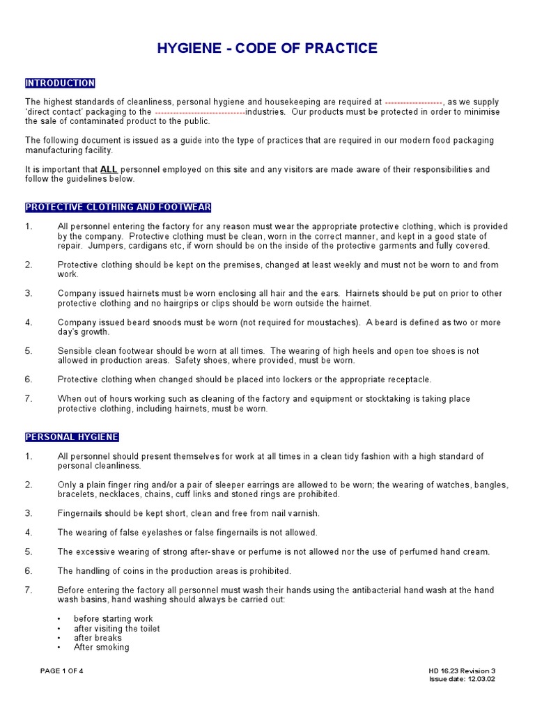 Hygiene Code of Practice | Hygiene | Clothing | Free 30-day Trial | Scribd