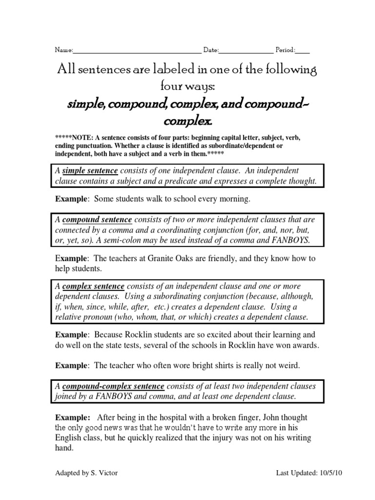 Simple Compound Complex Practice | PDF | Clause | Syntax