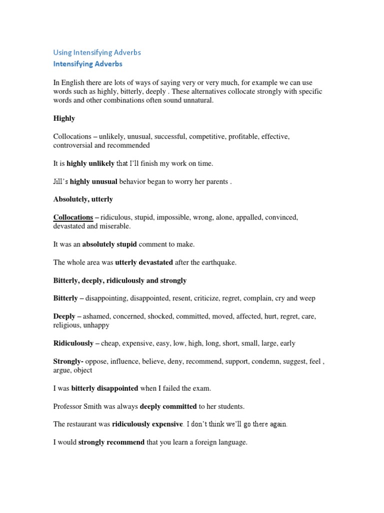 Using Intensifying Adverbs CLASSWORK EXERCISES | PDF | Psychological ...