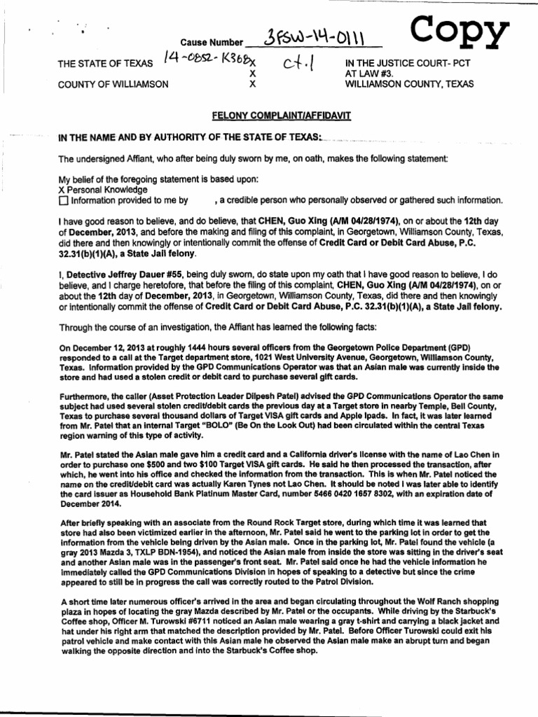 Chen Probable Cause Affidavit 050714 | Arrest Warrant | Affidavit