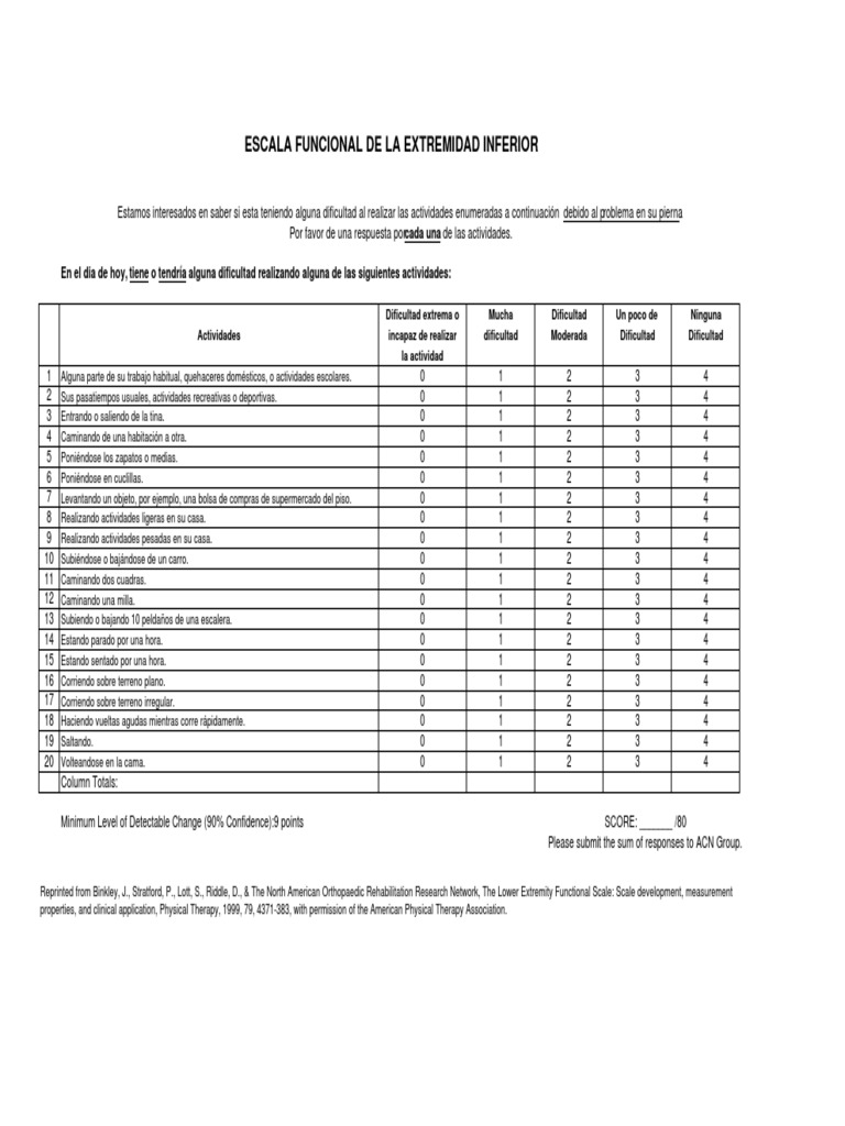 ESCALA Lower Extremity Functional Scale-Spanish | PDF | Salud y bienestar