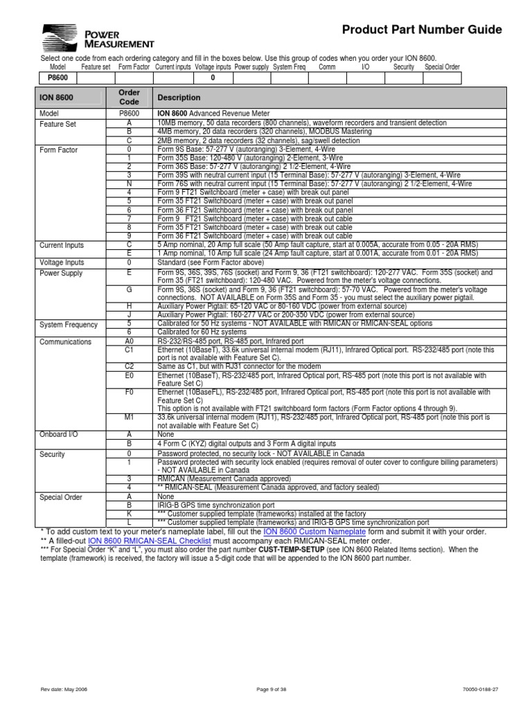 PowerLogic ION 8600 Product Part Number Guide 052006 | PDF | Electrical ...