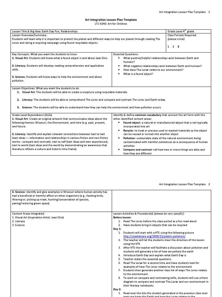Earth Day Art Integration Lesson Plan | PDF | Lesson Plan | Reading ...