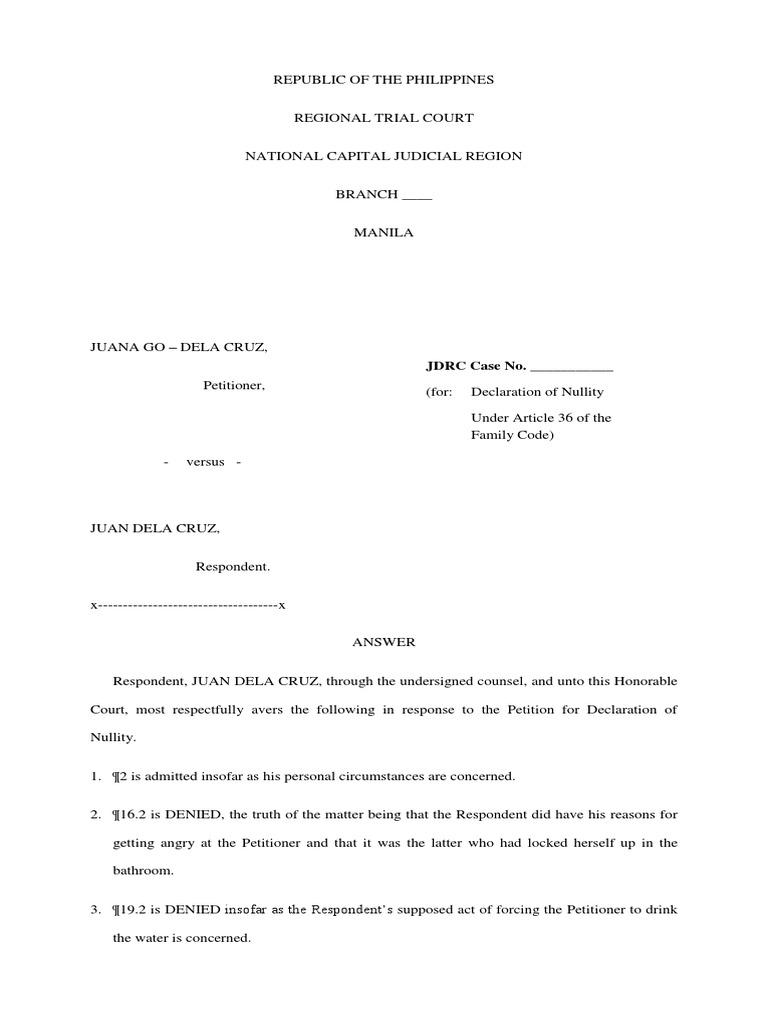 Answer to Petition for Declaration of Nullity | Justice | Crime & Justice