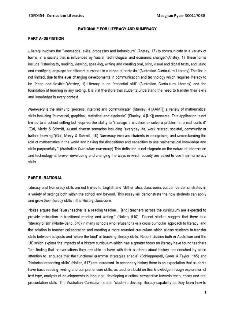 Rationale For Literacy and Numeracy | PDF | Literacy | Curriculum