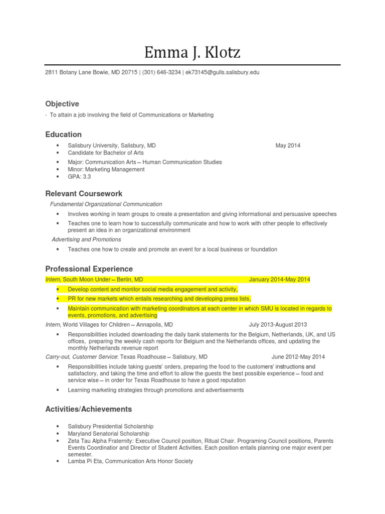 Emma Klotz: Communications & Marketing Resume | PDF