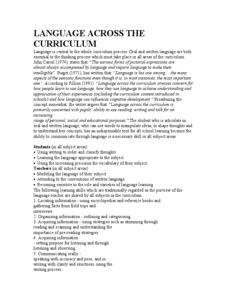 Language Across The Curriculum | PDF | Curriculum | Reading (Process)