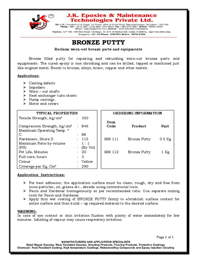Bronze Putty: Reclaim Worn-Out Bronze Parts and Equipments | PDF | Home ...