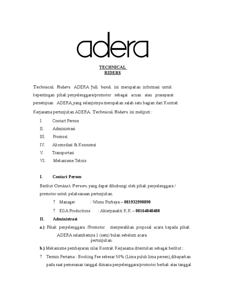 Technical Riders untuk Pertunjukan ADERA | PDF | Bisnis | Komputer